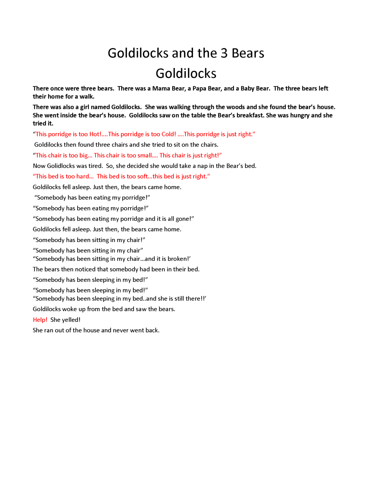 Goldilocks and the 3 Bears Readers Theater – dollarlessonclub.com